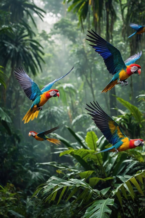 Vibrant Macaws in Flight through Lush Tropical Rainforest Stock ...