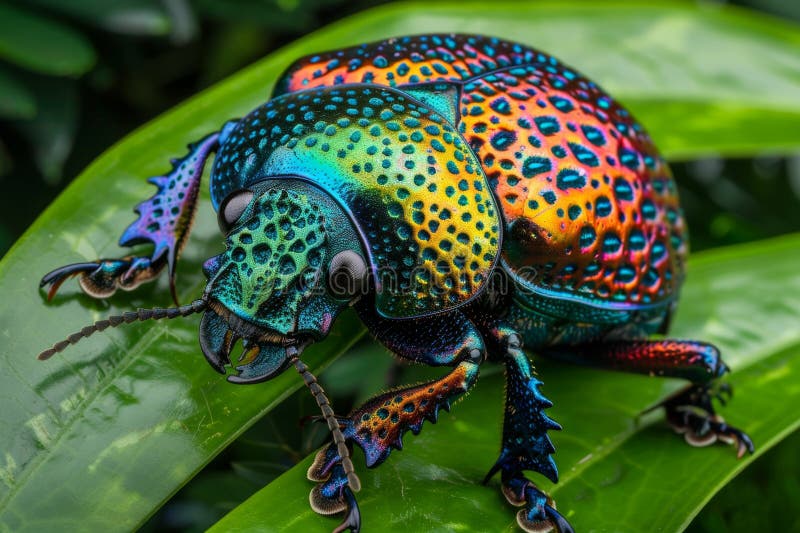 Vibrant Macro Shot Iridescent Beetle Close Up in Jungle Setting, Gazing ...