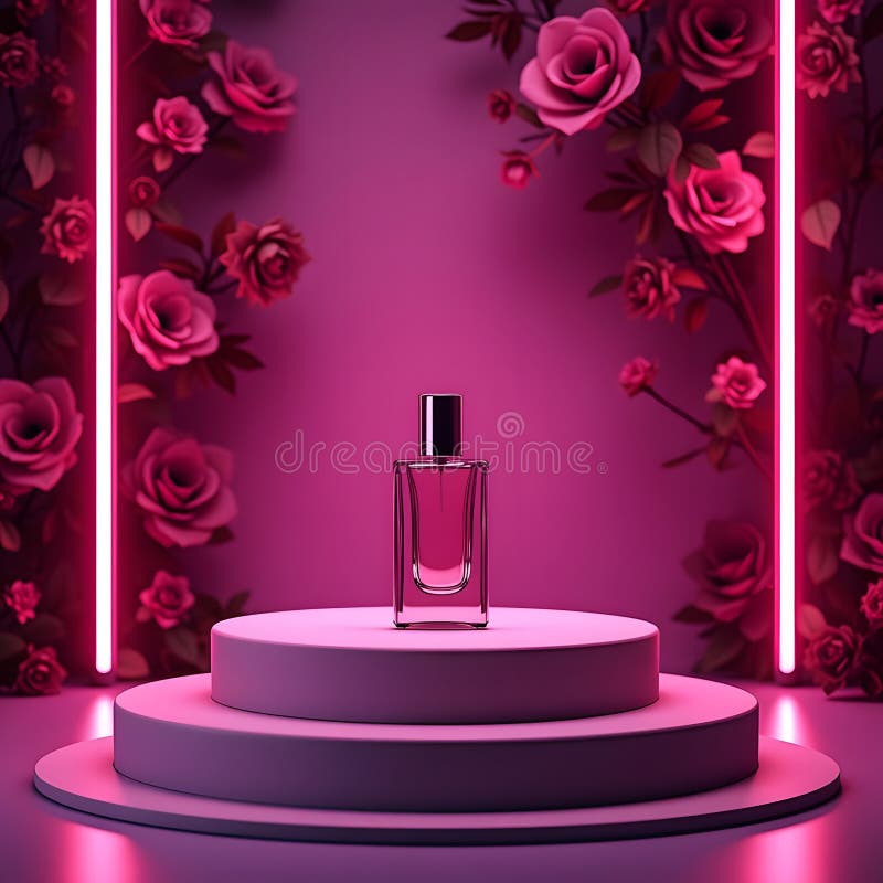 Vibrant Magenta Floral Scene: Neon-Lit Podium Display Stock ...