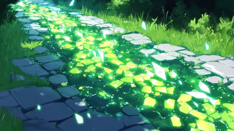 A Vibrant, Magical Pathway Lined with Glowing Green Crystals and ...