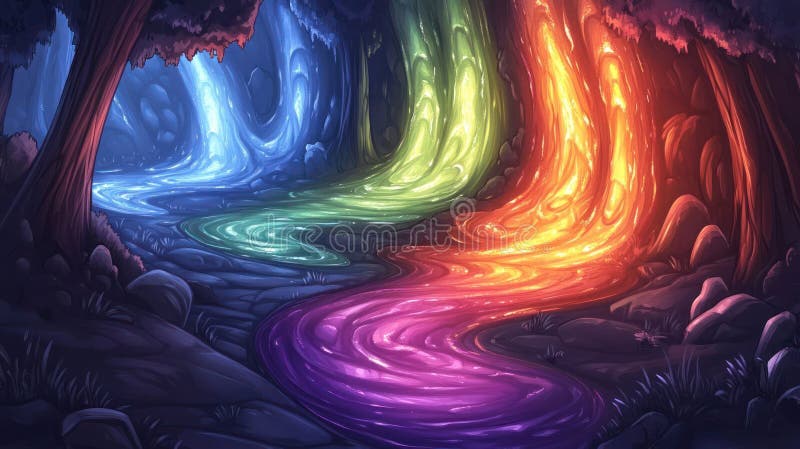 Magical Rainbow River Flows through Enchanted Forest Stock Illustration ...
