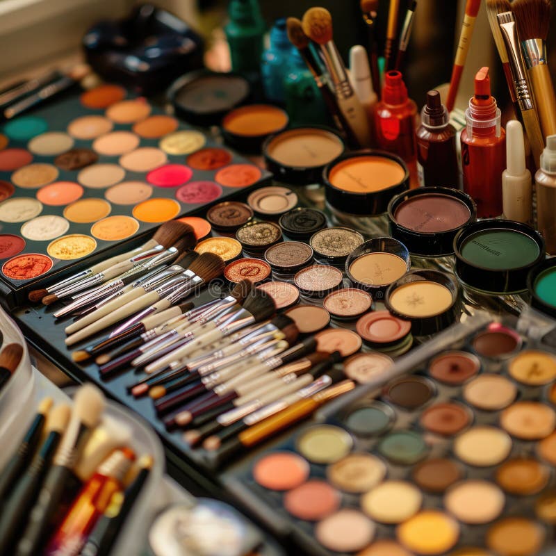 A Vibrant Makeup Table Filled with Various Cosmetics and Brushes in a ...