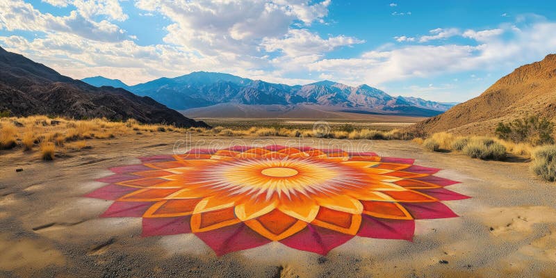 Vibrant Mandala Art on Desert Floor with Mountain Backdrop and Dramatic ...