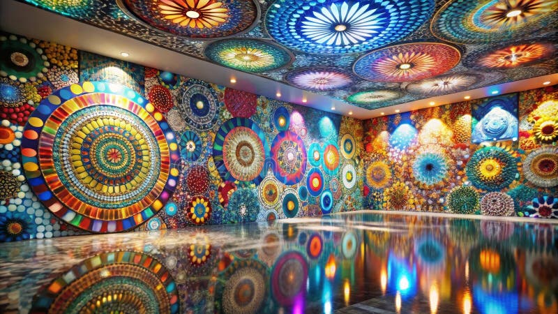 Vibrant Mandala Mosaic Interior with Illuminated Pool Reflection ...