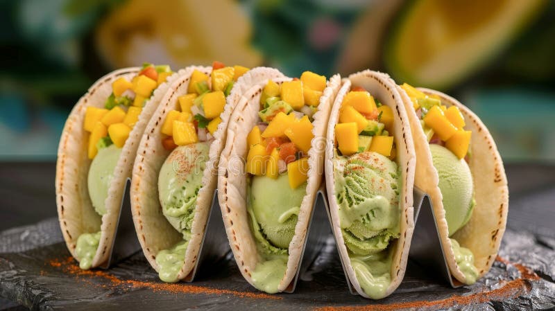 Vibrant Mango Avocado Ice Cream Tacos on Rustic Table Stock Photo ...