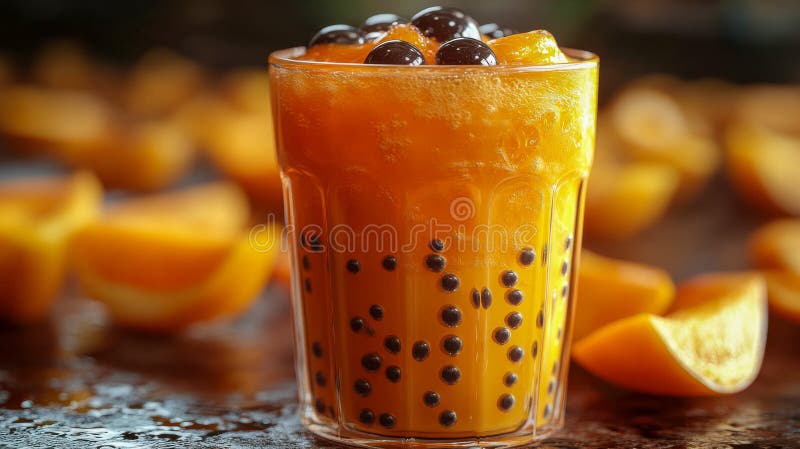 A Vibrant Mango Bubble Tea with Tapioca Pearls, Ice Cubes, and a Straw ...