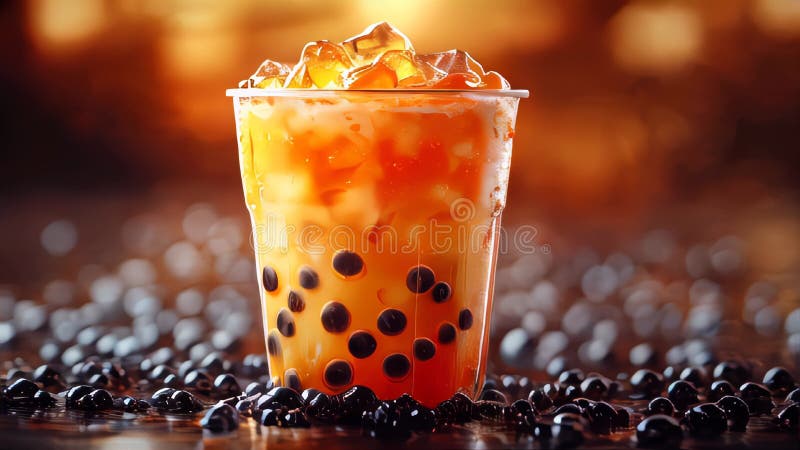 A Vibrant Mango Bubble Tea with Tapioca Pearls, Ice Cubes, and a Straw ...