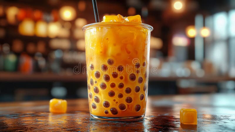 A Vibrant Mango Bubble Tea with Tapioca Pearls, Ice Cubes, and a Straw ...
