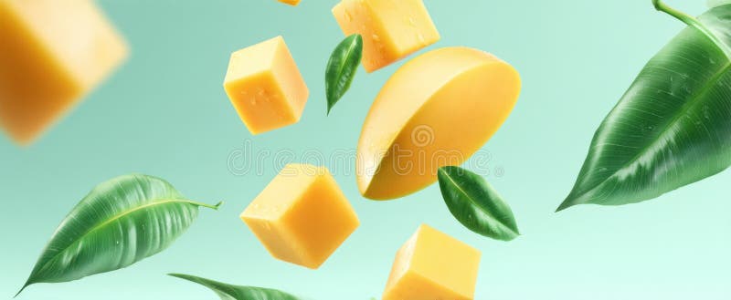 The Vibrant Mango Cheese Cubes Floating with Green Leaves in a Bright ...