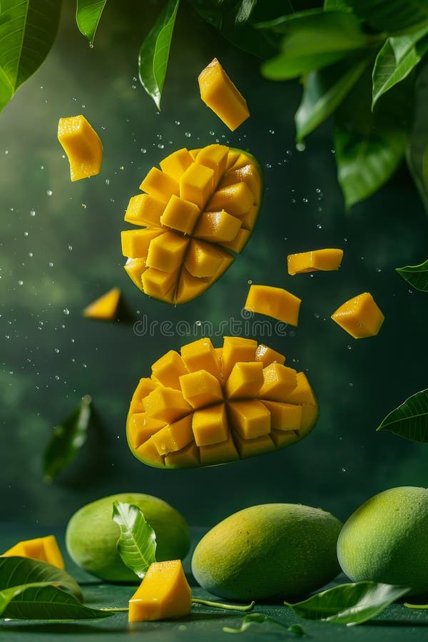 Vibrant Mango Slices and Leaves Floating in the Air, Rich in Vitamins ...