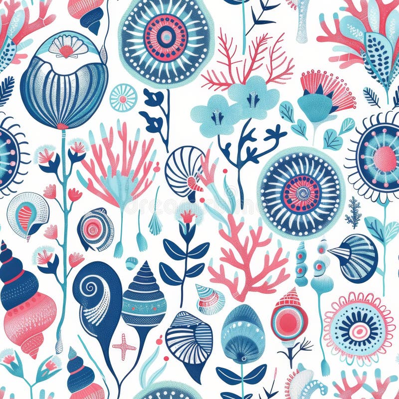 Vibrant Marine Life Pattern with Colorful Seashells and Coral Stock ...
