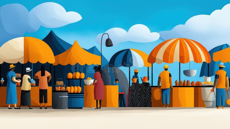 Vibrant Market Scene with Colorful Stalls Stock Illustration ...