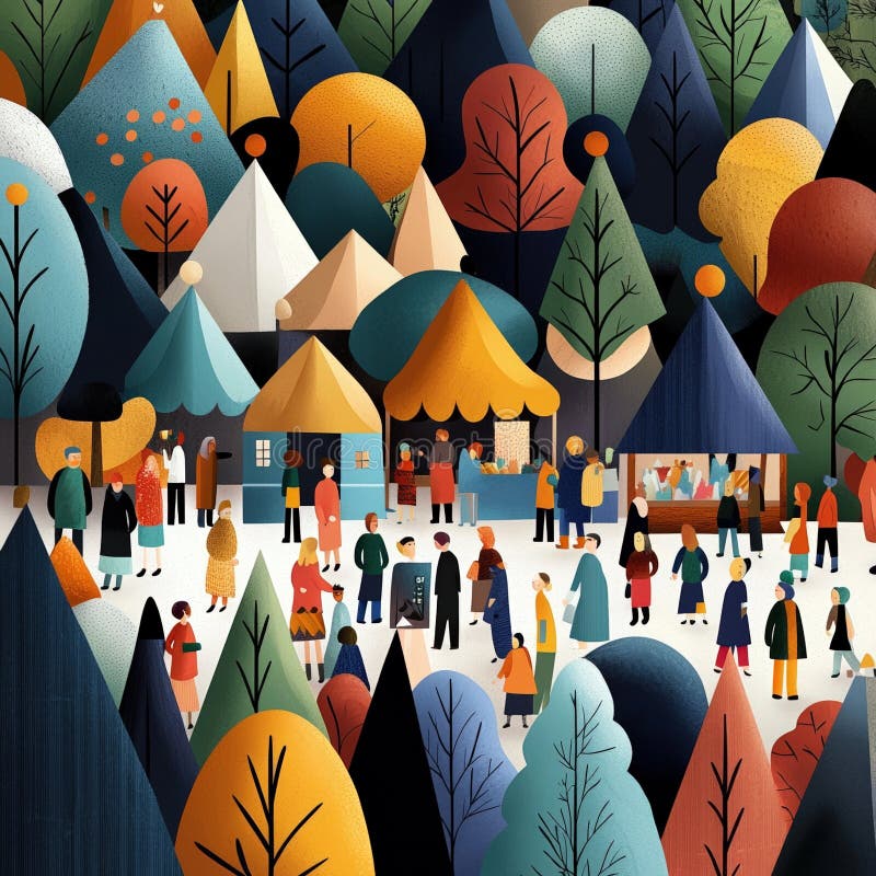 Vibrant Market Scene with Trees and People Stock Illustration ...