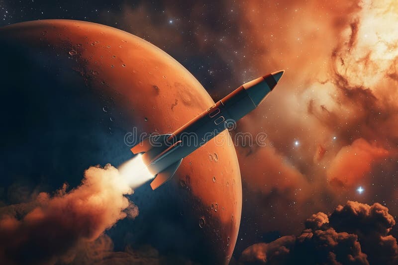 Vibrant Mars with Rocket Launch and Starry Sky Stock Illustration ...