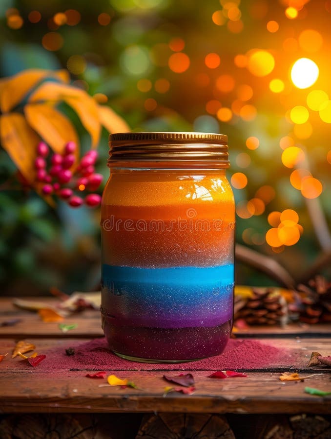 A Vibrant Mason Jar with Layered Colors on a Rustic Wooden Table. Stock ...