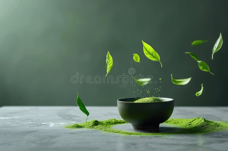 Vibrant Matcha Green Tea Leaves and Powder with Floating Elements on a ...