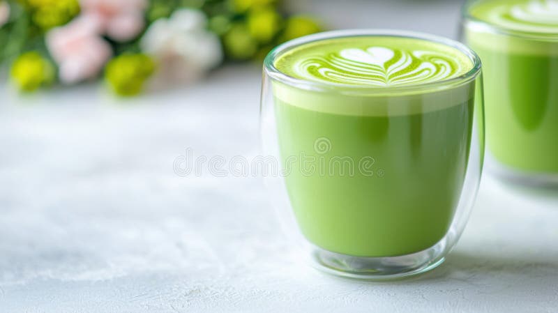 Vibrant Matcha Latte with Heart Latte Art in Glass Cup on Light ...