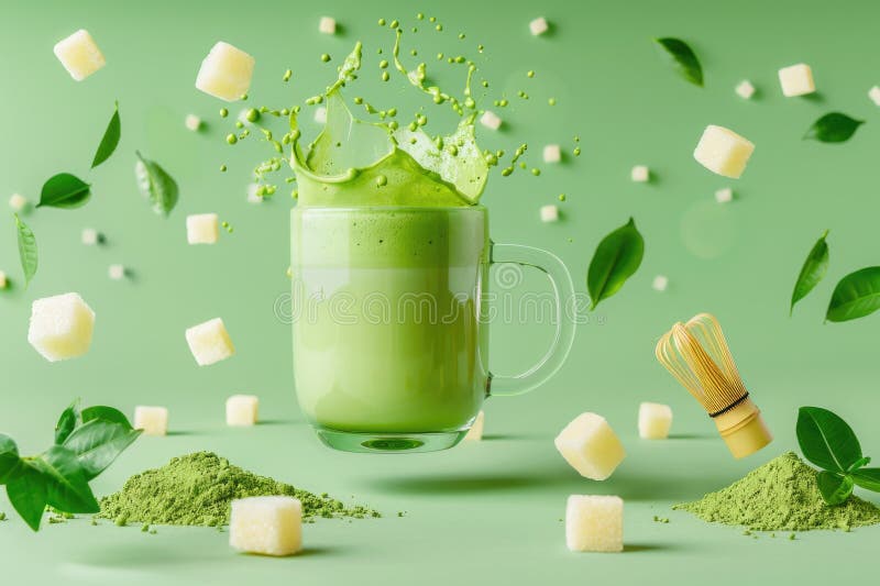 Refreshing Matcha Tea with Floating Green Leaves for Wellness and ...