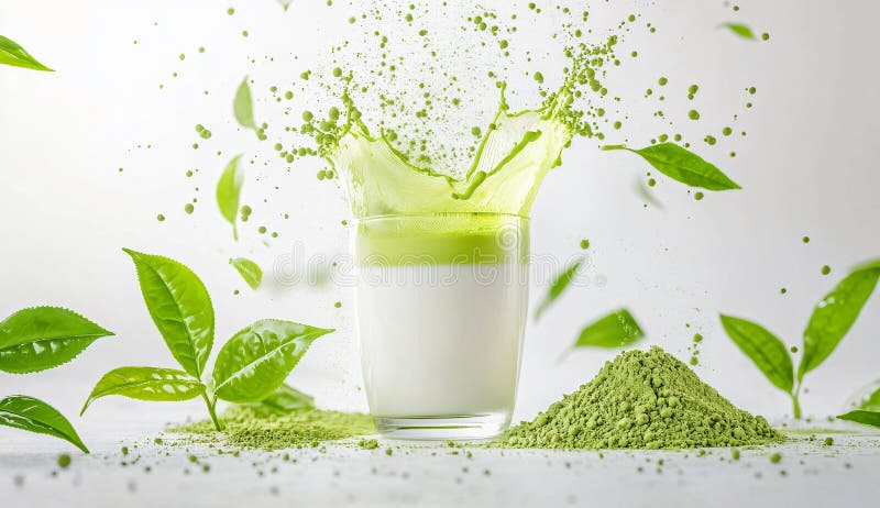 Vibrant Matcha Latte Splash with Green Tea Leaves High Quality Image ...