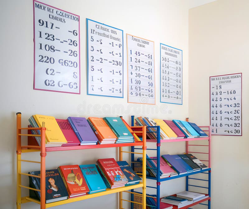 A Vibrant Math Classroom Corner Features a Colorful Bookshelf and ...