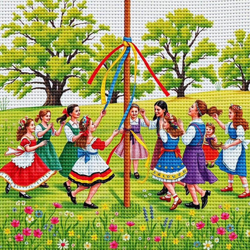 Vibrant Maypole Dance with Children in Traditional Attire in a Spring ...