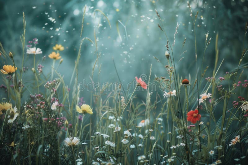 A Vibrant Meadow Scene Featuring a Diverse Array of Wildflowers and ...