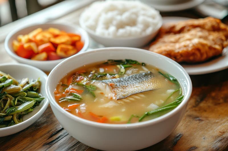 A Vibrant Meal Featuring Fish Soup, Rice, Fried Chicken, and Assorted ...