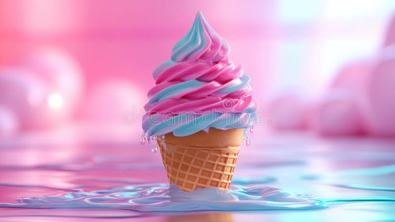 Vibrant Melted Pink and Blue Ice Cream Cone in Pastel Setting Stock ...