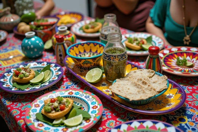 Vibrant Mexican Cuisine Display with Colorful Tableware and Traditional ...