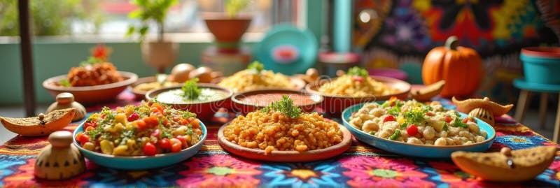 Vibrant Mexican Feast on Colorful Table with Assorted Dishes and Fresh ...