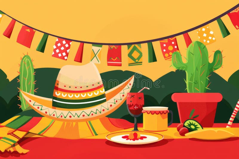 Vibrant Mexican Fiesta Celebration with Sombrero, Decorative Flags, and ...