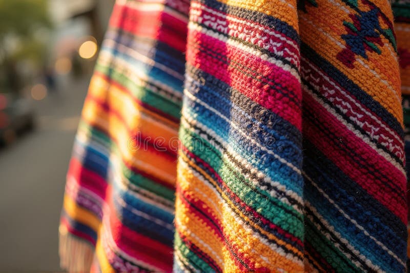 Vibrant Mexican Serape Textiles Displayed Outdoors during Sunset Stock ...