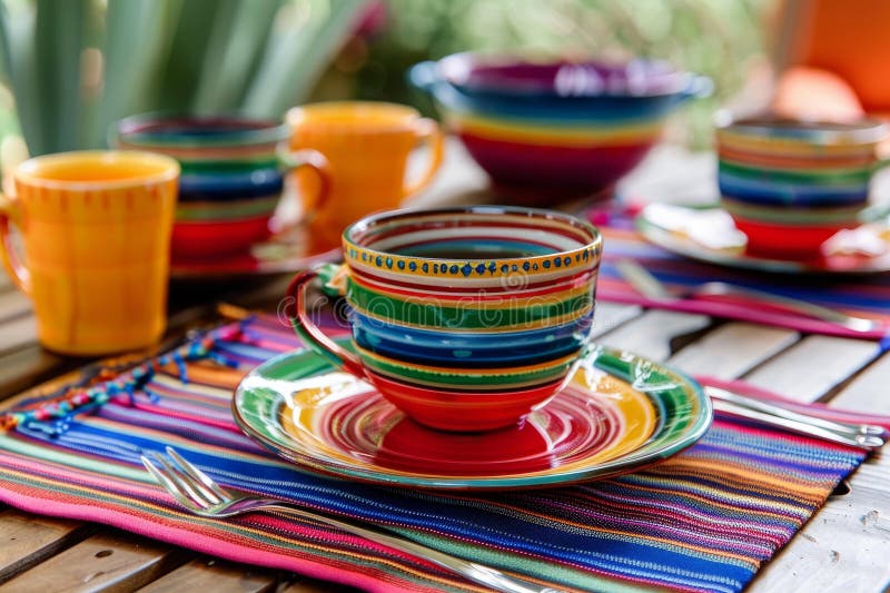 Vibrant Mexican Tableware on Rustic Wooden Table Stock Illustration ...