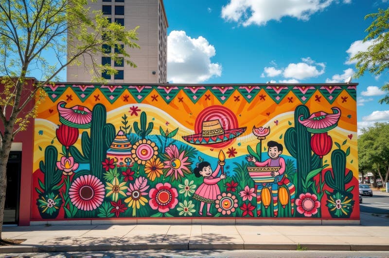Vibrant Mexican-themed Mural with Cacti and Children on Urban Wall ...