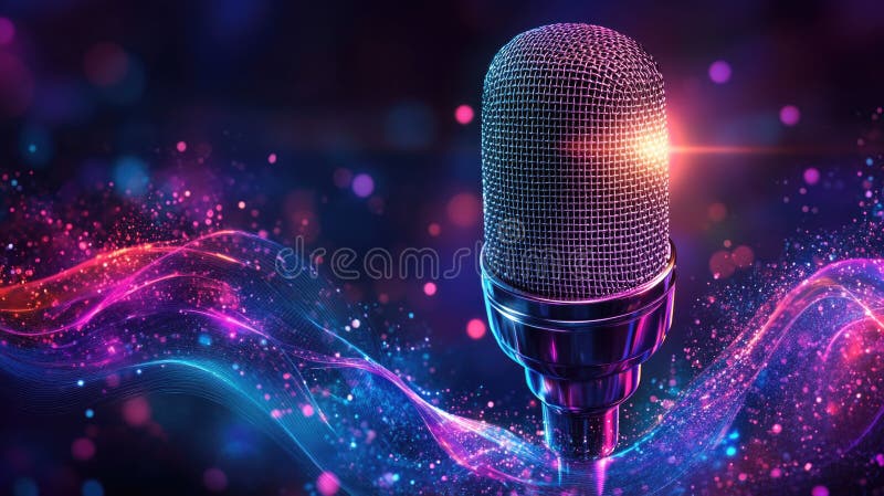Vibrant Microphone with Neon Waves and Sparkling Light Effects Stock ...