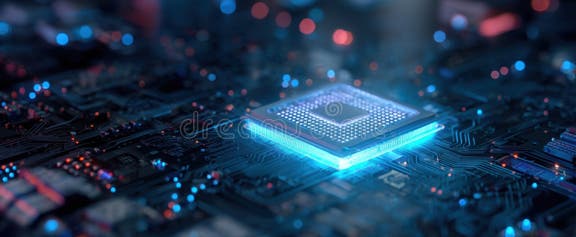 The Vibrant Microprocessor Illuminated on a Complex Circuit Board. AI ...