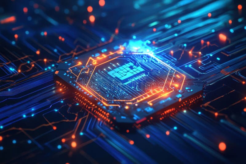 Innovative Microprocessor Design Illuminated by Blue and Orange Lights ...