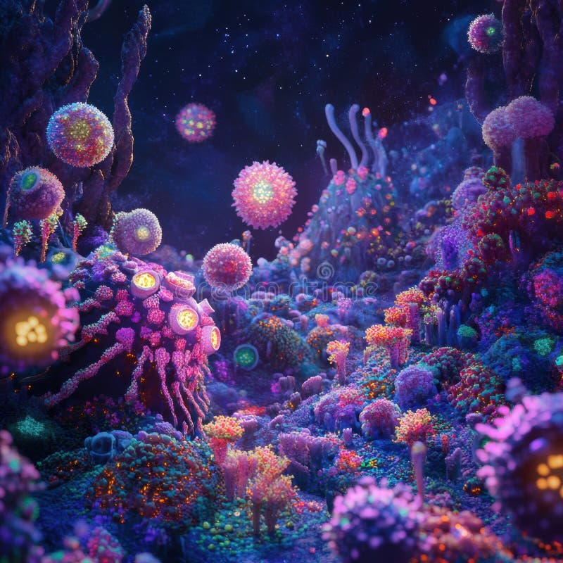 Vibrant Microscopic Landscape Showcasing Glowing Viruses in a ...