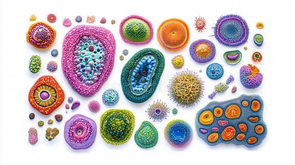 Vibrant Microscopic Organisms Displaying Unique Colors and Shapes Stock ...