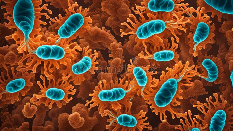 Vibrant Microscopic View of Bacteria and Fungi Interaction in Brown and ...