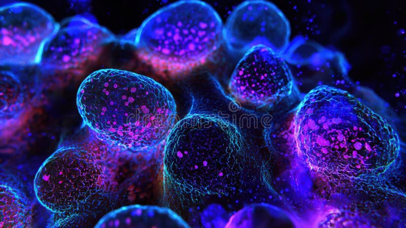 Vibrant Microscopic View of Cells with Glowing Patterns and Intricate ...