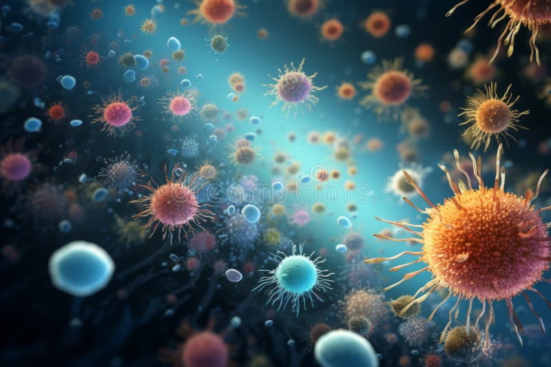 Colorful Microscopic View of Viruses and Bacteria in a Dark Stock Photo ...