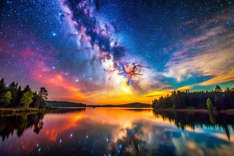 Vibrant Milky Way Galaxy Reflected in a Calm Lake at Night, Surrounded ...