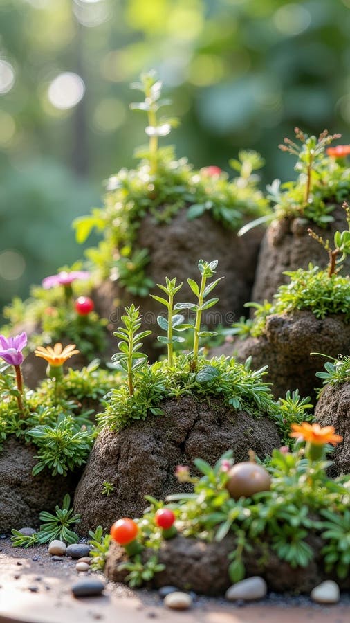 Vibrant Miniature Garden with Colorful Flowers and Lush Greenery in ...