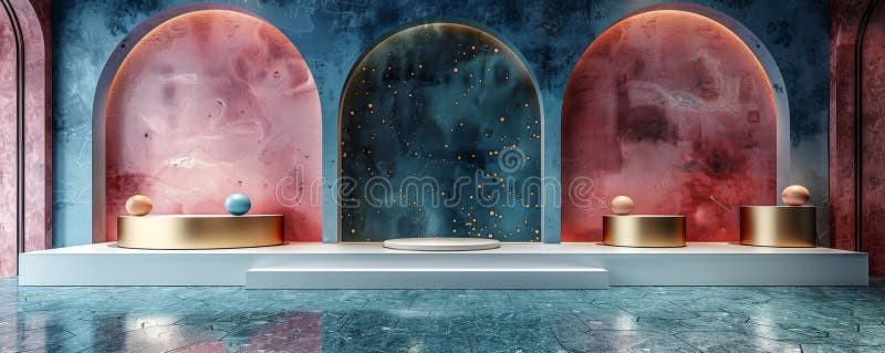 Minimalist Stage Design with Podium and Spheres Under Arched Ceilings ...