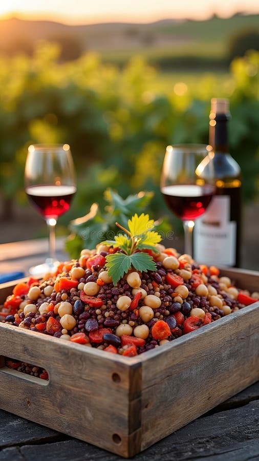 Vibrant Mixed Bean Salad with Fresh Vegetables and Red Wine in Rustic ...