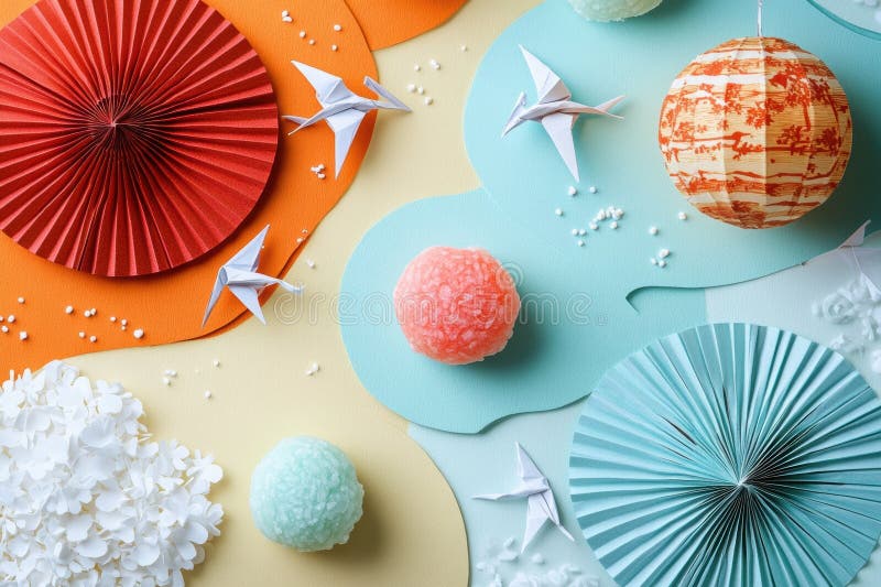 Vibrant Mochi Set Display with Origami and Paper Art for Traditional ... Vibrant Mochi Set Display with Origami and Paper Art for Traditional ...