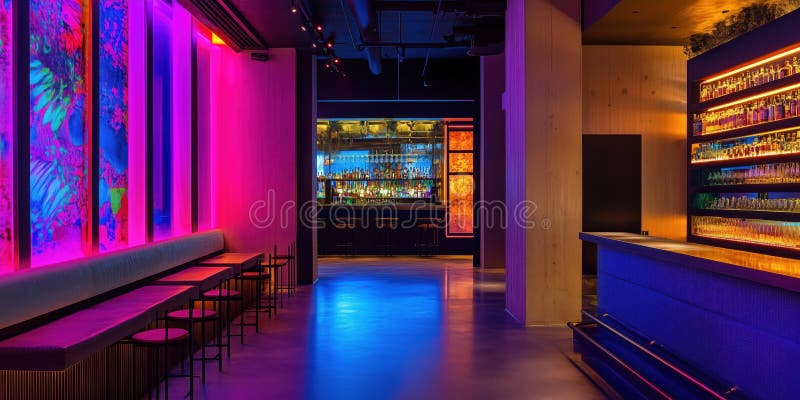 Vibrant Modern Bar Interior with Colorful Lighting and Stylish Seating ...