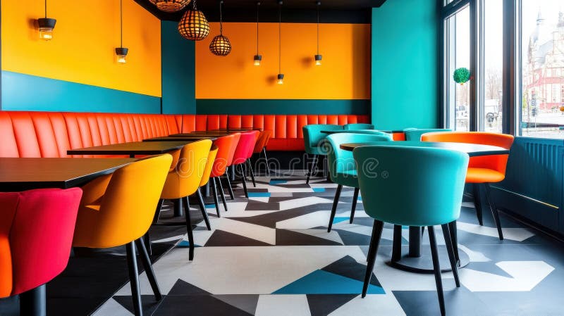 Vibrant Modern Cafe Interior with Colorful Seating Stock Illustration ...