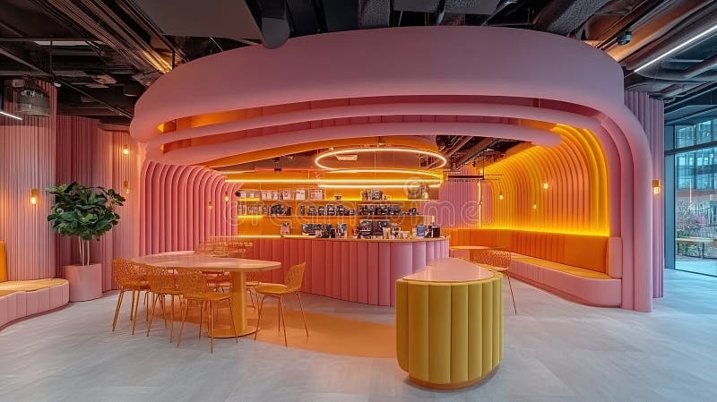 Vibrant, Modern Cafe with Soft Curves and Warm Lighting Stock ...